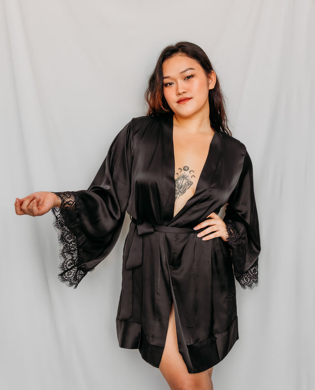Short Black Satin Robe with Butterfly Sleeves & Lace Trim | Hedonist