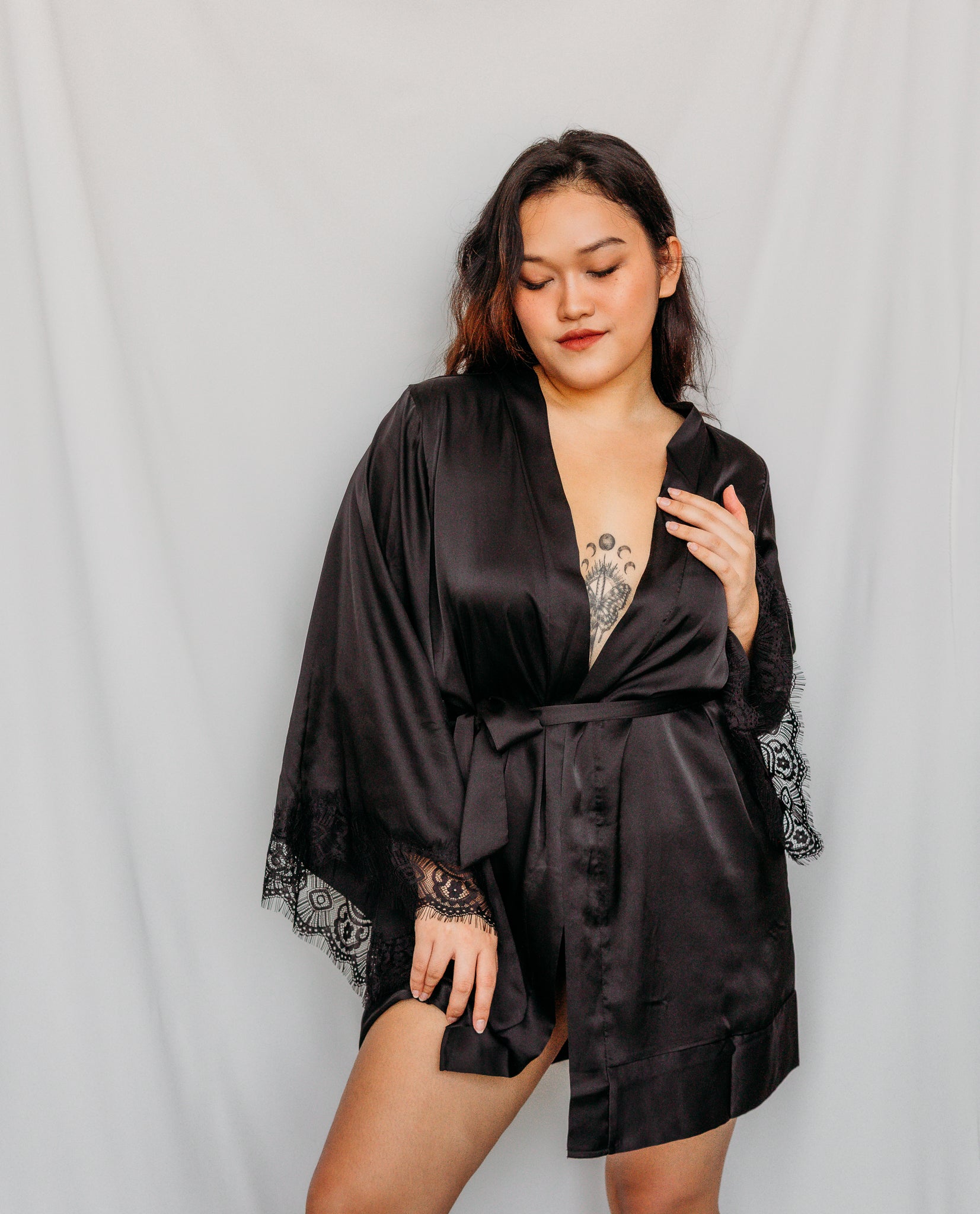 Short Black Satin Robe with Butterfly Sleeves & Lace Trim | Hedonist